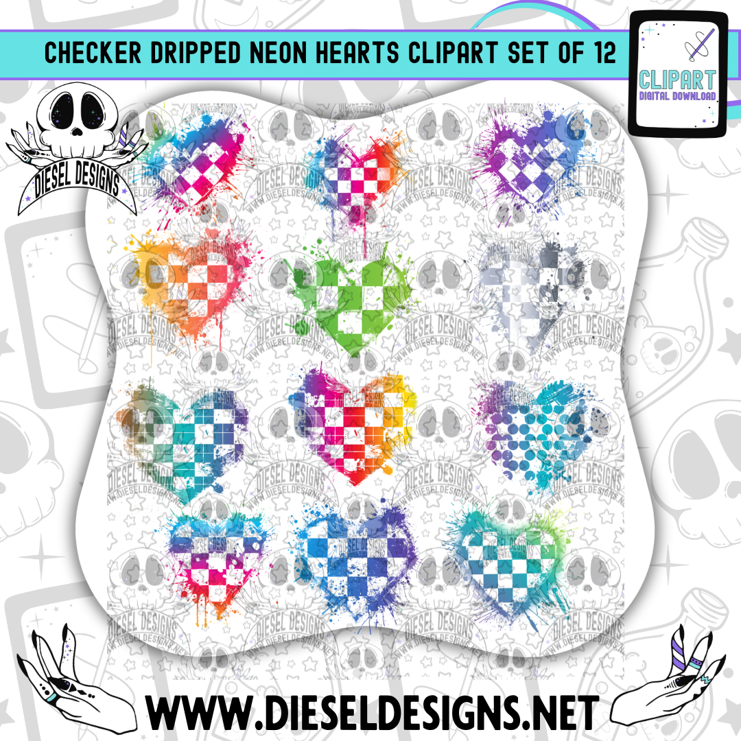 Checker Dripped Neon Hearts Clipart Set | 300 DPI | Transparent PNG ...