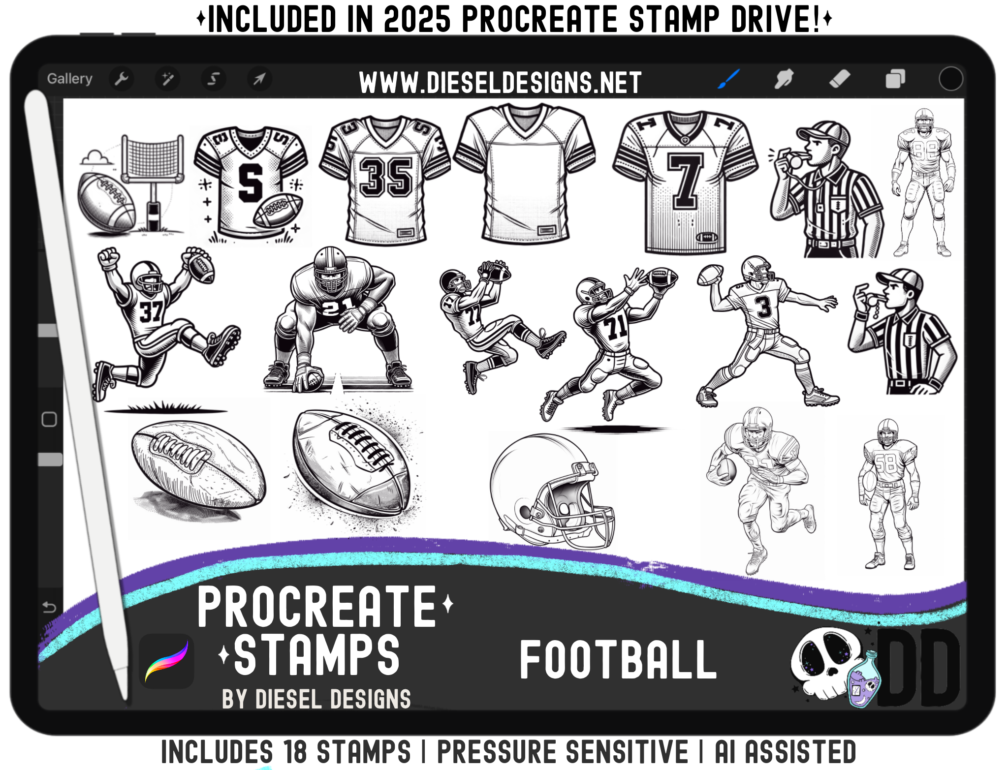 Football Stampset | PROCREATE BRUSHES/STAMPS | Digital File Only ...