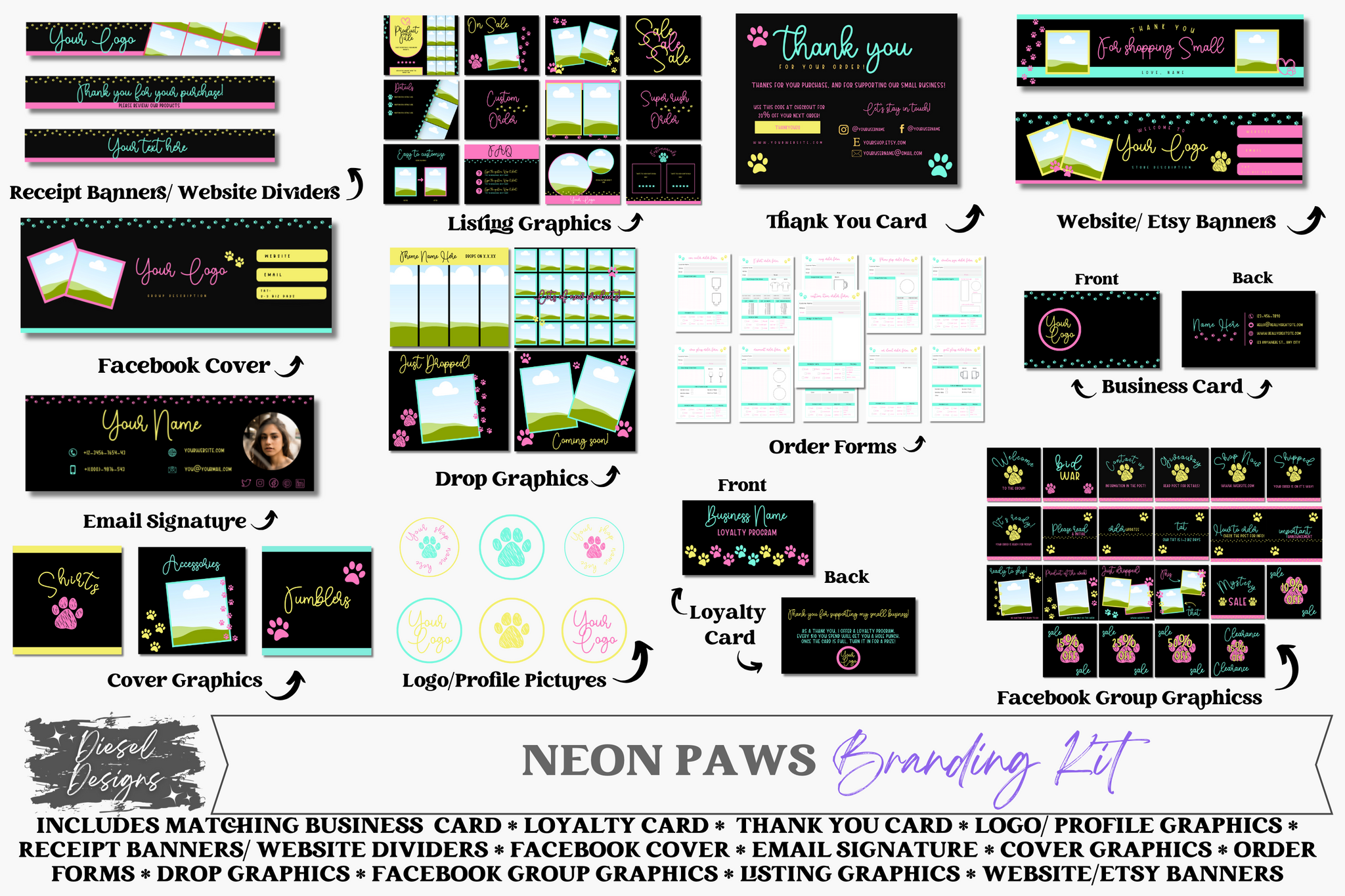Neon Paws Branding Kit | Website Kit | Business Card | Logo | Facebook ...