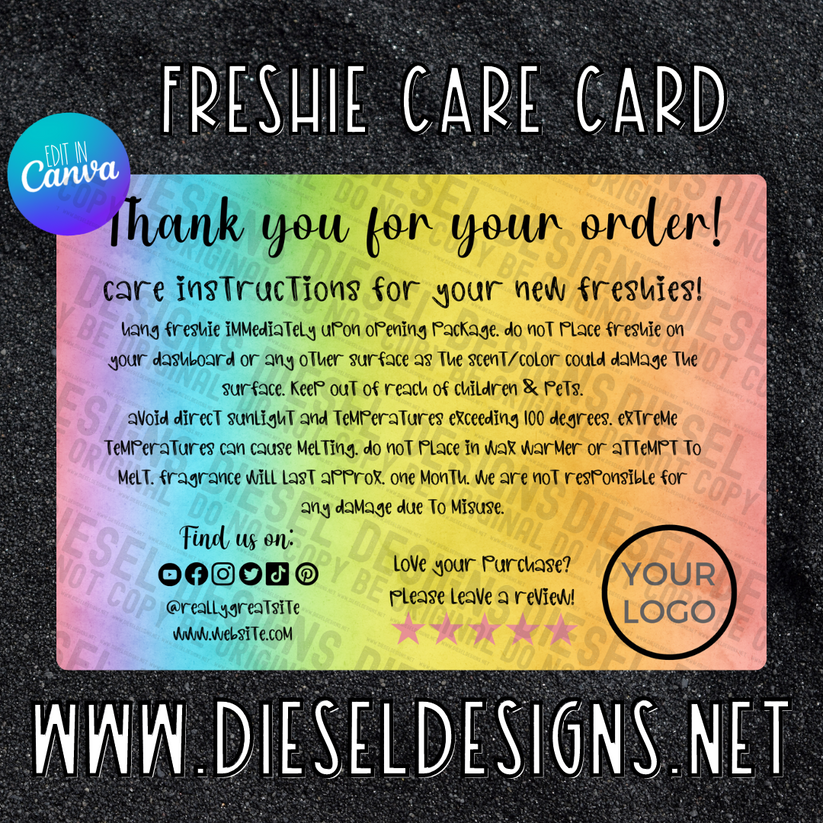 Rainbow | FRESHIE Care Card | Editable in CANVA – Diesel Designs